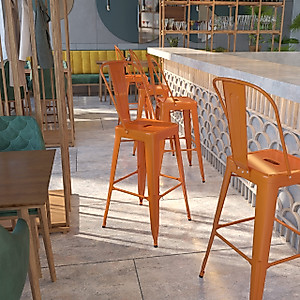 EMMA + OLIVER Commercial Grade 30" H Orange Metal Indoor-Outdoor Barstool with Back
