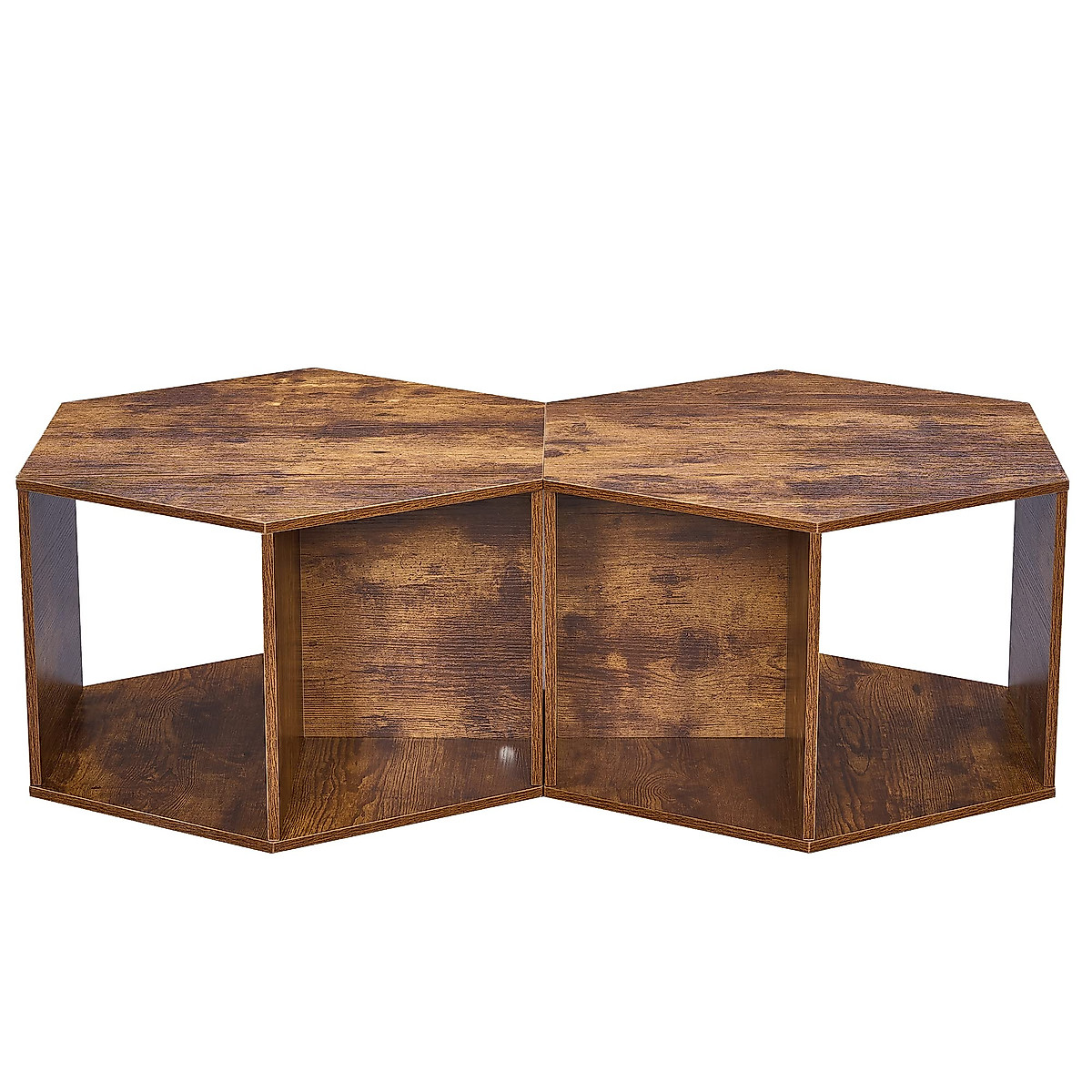 BEWISHOME Hexagonal Small Coffee Table with Storage, Unique Modern Coffee Table for Living Room and Office, Brown Natural Wood Small End Tables for Small Spaces Set of 2, KlZ02Z
