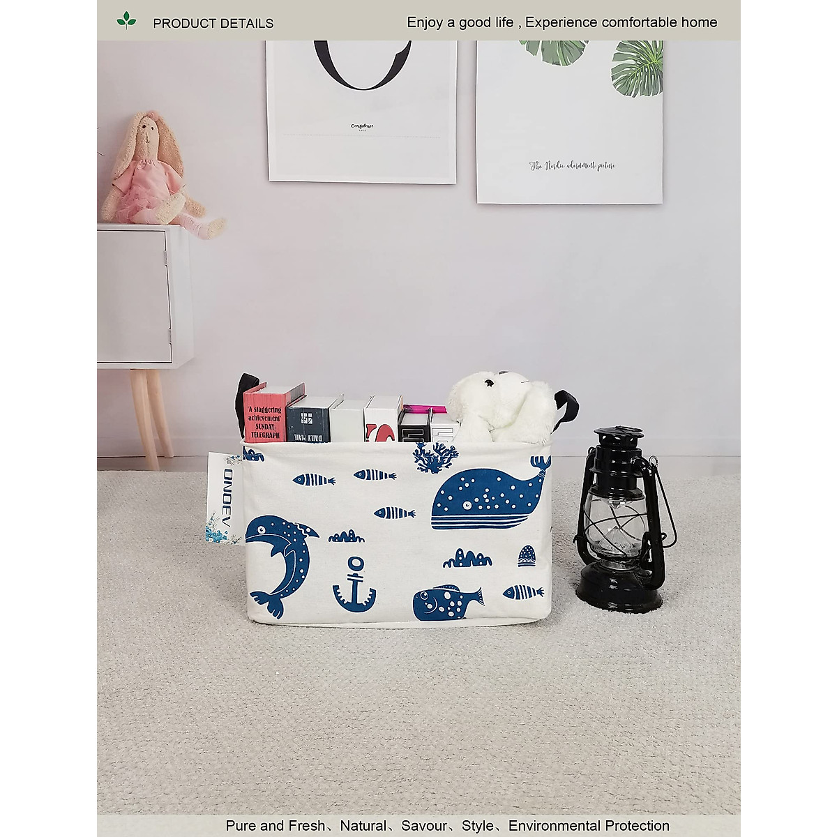 ONOEV Rectangular Folding Laundry Basket, Canvas Basket,Nersury Hamper,Suitable for Children,Office,Bedroom,Clothes,Toys Storage (Blue Whale), 14.9L x10.2Wx9.05H''