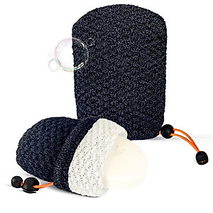 MIG4U Exfoliating Soap Bag for Shower 2 Pieces - Bar Soap Saver Pouch, Bamboo Body Scrubber Exfoliator Pocket in Travel Bathing, Black, Double Layer