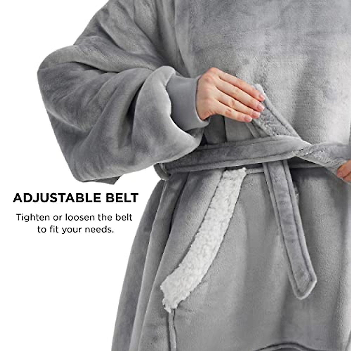 BEDSURE Ovesized Wearable Blanket Hoodie, Long Sherpa Fleece Blanket Sweatshirt as Gifts for Men, with Warm Big Hood for Christmas, Side Split and Belt, Grey, Standard
