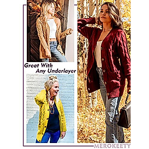 MEROKEETY Women's 2023 Fall Long Sleeve Cable Knit Sweater Open Front Cardigan Button Loose Outerwear Rust