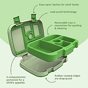 Bentgo® Kids Bento-Style 5-Compartment Lunch Box - Ideal Portion Sizes for Ages 3 to 7 - Leak-Proof, Drop-Proof, Dishwasher Safe, BPA-Free, & Made with Food-Safe Materials (Green)