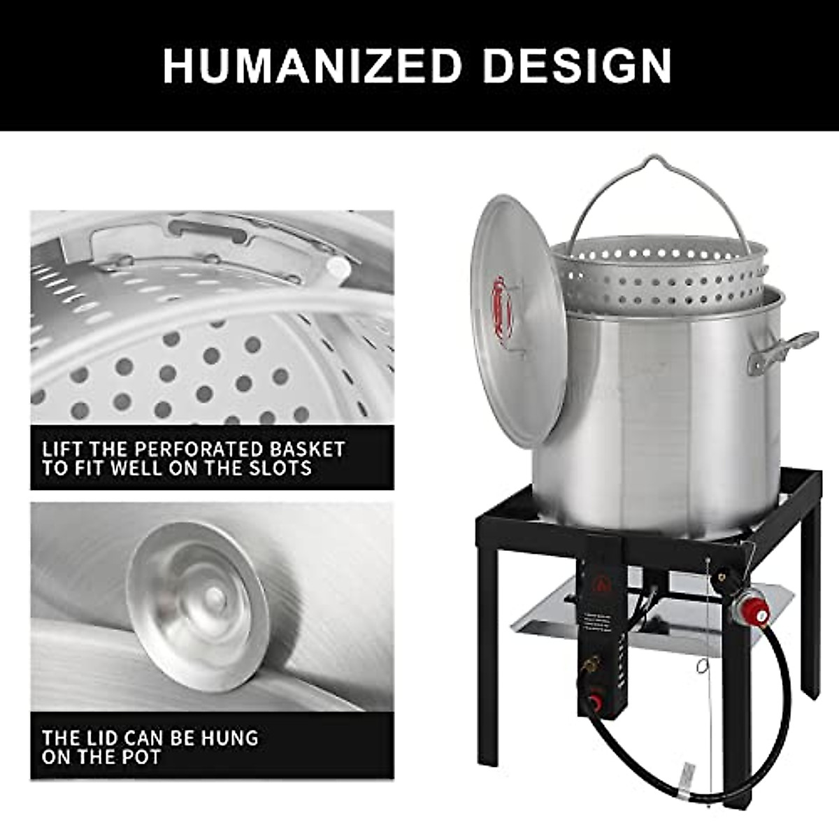 FEASTO 100QT Aluminum Boil Kit with Basket Perfect for Seafood Boiling and Steaming, Outdoor Propane Gas Cooker with Adjustable 0-10 PSI Regulator, Non-Assembly Frame Stand