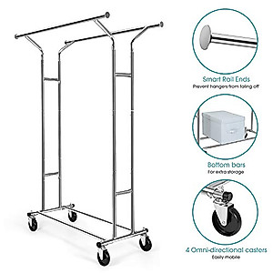 Auledio Clothes Garment Rack, Commercial Grade Clothes Rolling Heavy Duty Storage Organizer on Wheels with Adjustable Clothing Rack , Holds up to 250 lbs, Chrome (Two Heads)