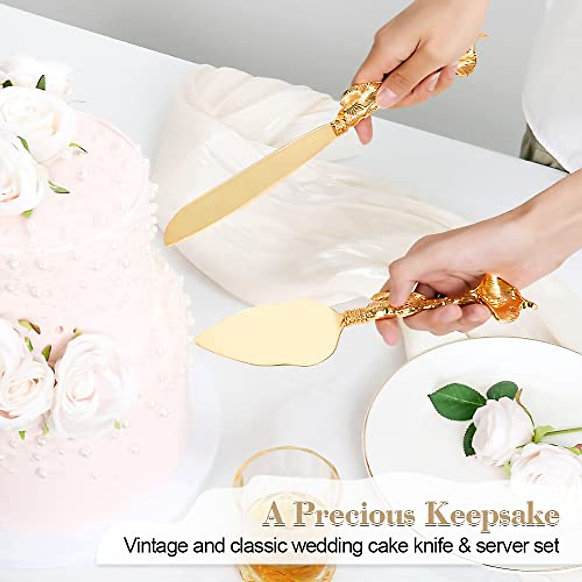 TUKDAK Cake Cutting Set for Wedding, Personalized Gold Cake Knife and Server Set, Custom Cake Serving Set, Engraved Pastry Pie Server Cake Pizza Cutter, Birthday Bridal Gift (F-Rustic)