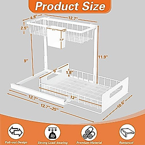SPACEKEEPER Under Sink Organizer, 2-Tier Sliding Under Bathroom Sink Storage Pull Out Cabinet Organizer Metal Material Multi-purpose for Kitchen Bathroom, White, 2 Pack