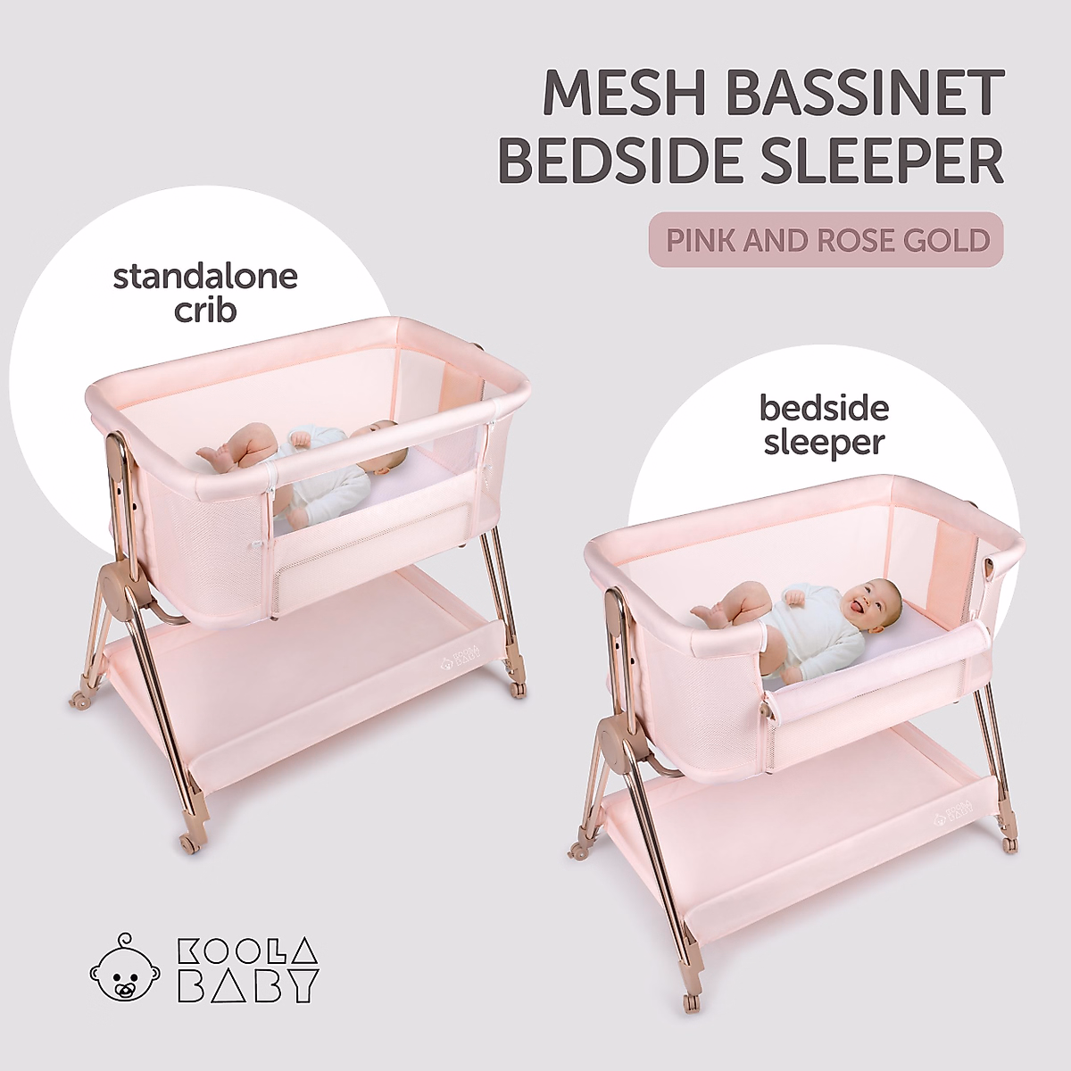 KOOLABABY Baby Bedside Sleeper - Bassinet & Bedside Crib with Height Adjustment & Wheels - Can Be Placed Next to Bed - Attaches to Parents Bed - Easy to Fold & Carry Baby Bed for Girls (Pink)