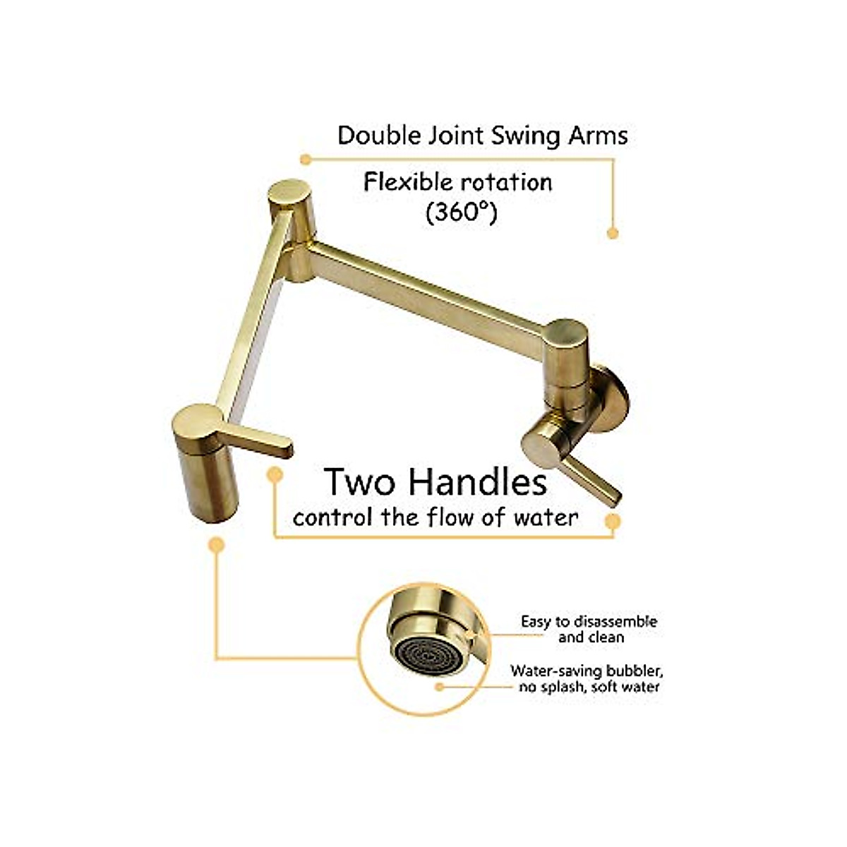KATAIS Pot Filler Faucet Wall Mount Kitchen Sink Folding Faucet Double Joint Swing Arm Extended Spout Two Shut Off Handle Brass Brushed Gold Finish