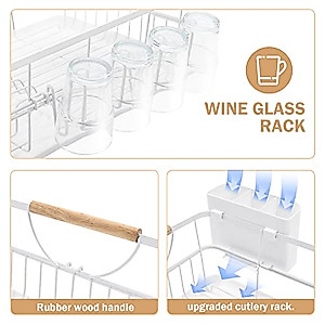 TOOLF Dish Drying Rack, High-Sided Dish Rack for Kitchen Counter, Dish Drainer with Utensil Holder and Drainboard, Small Sink Drainer for Sink, White