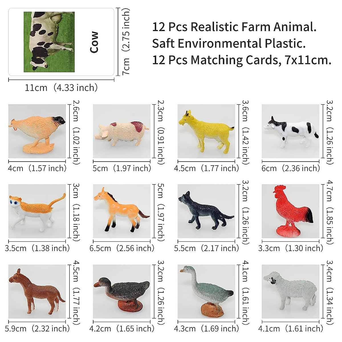 Farm Animal Toys with Flash Cards - 12 Sets of Realistic Animal Figures - Educational Learn Cognitive Toys & Animal Matching Game Playset for Toddlers Kids