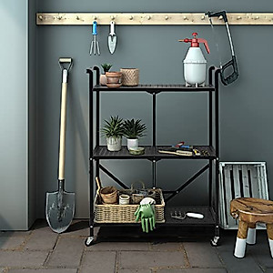Tangkula 3-Tier Foldable Storage Shelves, Steel Storage Rack with 2 Handles, 4 Caster Wheels and Hook Buckle, Collapsible Utility Cart for Garage Kitchen, 3-Shelf Metal Shelving Units (1, Black)