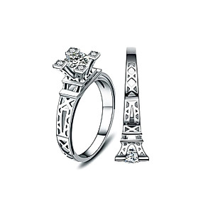 White Gold Plated Solitaire Style Eiffel Tower Ring with AAA Round Cubic Zircon Crystal Wedding Engagement Ring Fashion Jewelry for Women (7)