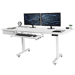 VIVO Electric Height Adjustable 71 x 30 inch Stand Up Mobile Desk, Pull-Out Storage Drawer, Keyboard Tray, Casters, White Table Top, White Frame, Memory Controller, DESK-KIT-1W7W-A1