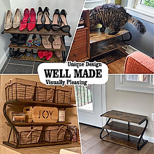 Aroktake 3-Tier Shoe Rack, Z-Frame Wooden Shoe Shelf with Durable Metal Shelves for Hallway, Living Room, Closet, Bedroom (Rustic)