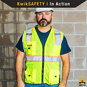 KwikSafety - Charlotte, NC - BIG KAHUNA Safety Vest [11 Pockets] Class 2 ANSI OSHA Reflective High Visibility Heavy Duty Surveyor Construction Lightweight Industrial Work Gear/Yellow Medium