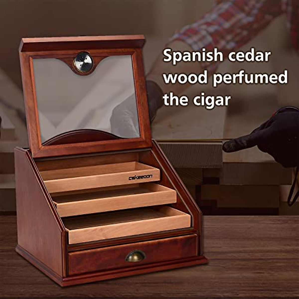 cskeeoon Cigar Humidors Cabinet - Cedar Wood Cigar Box for 100 to 150 Cigars with Digital Hygrometer, 3 Drawers & 3 Crystal Gel Humidifiers, Cigar Gift for Men, Cigar Aficionados.… (Square110)