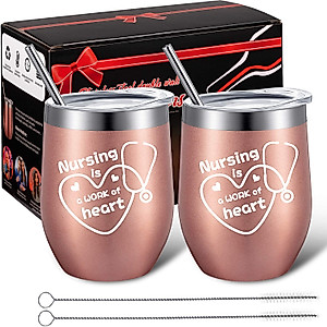 2 Pack Nursing is a Work of Heart, Nurse Gift for Women Men, Registered Nurse, Practitioner, Coworker, Birthday Congratulation Graduation Gift for Her, 12 oz Wine Tumbler with Lid, Straw (Rose Gold)