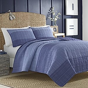 Nautica | Riverview Collection | 100% Cotton Reversible and Light-Weight Quilt Bedspread, Pre-Washed for Extra Comfort, Easy Care Machine Washable, Queen, Blue