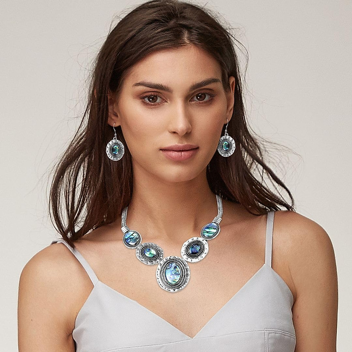 Shop LC Abalone Shell Necklace & Earrings Set in Stainless Steel - Genuine Handmade Abalone Boho Costume Jewelry Set for Women - Natural Abalone Bali Hammered Jewelry Costume Jewelry for Women