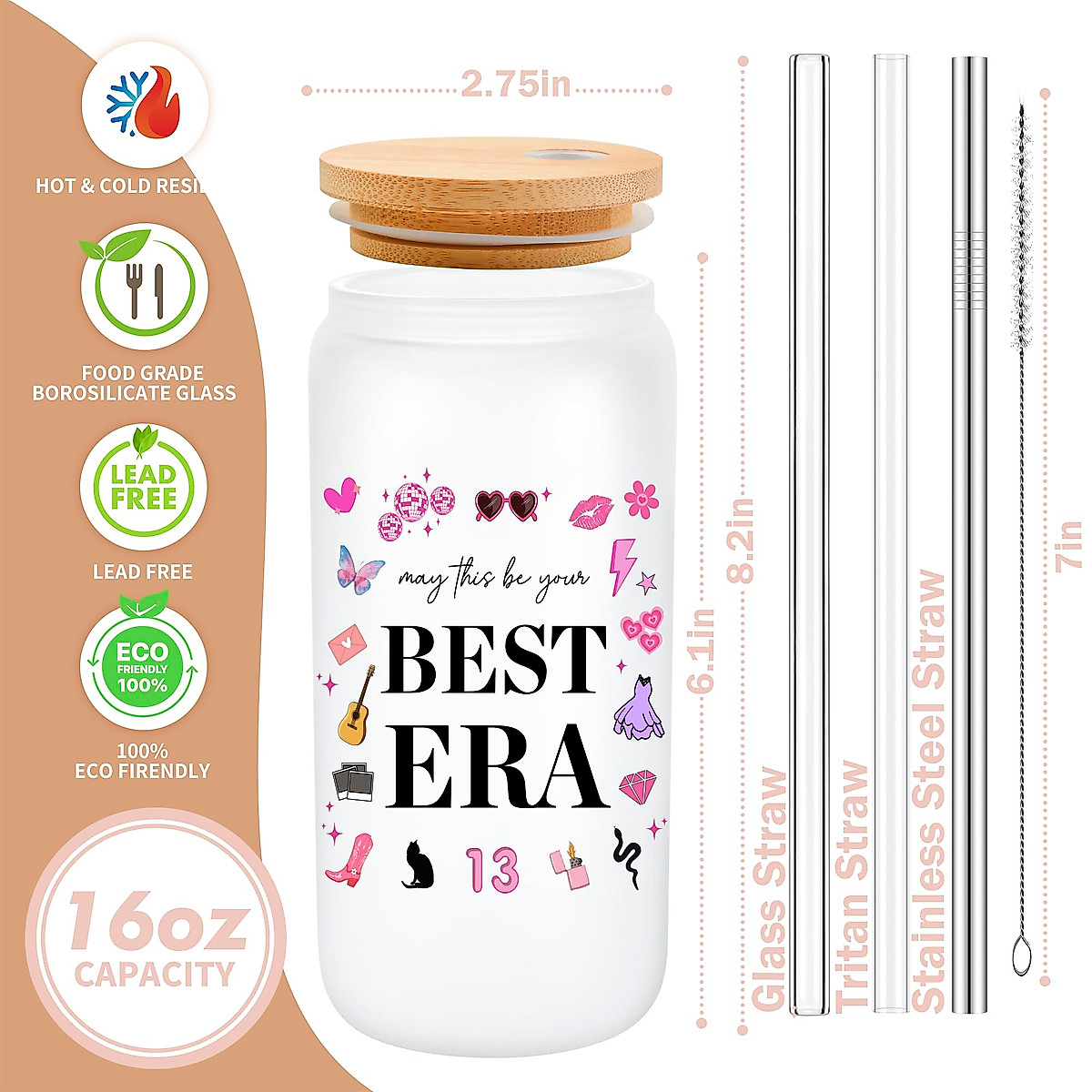 Eddirayla May This Be Your Best Era Themed Gifts, Birthday Gift Idea for Women, Merch, 16oz Glass Cup with Lid and Straws, Iced Coffee Mug, Glass Tumbler, Water Bottle, Stuff, Items, BE