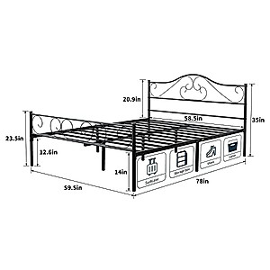 Heavy Duty Metal Platform Bed Frame Queen Size Black Bed Frame with Headboard and Steel Slats Mattress Foundation No Box Spring Needed