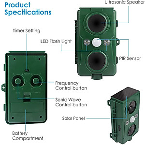 Ultrasonic Cat Deterrent, 6 Modes Solar Powered Deterrent Device with Motion Sensor and Flashing Light, Outdoor Waterproof Device Garden, Farm, Yard, Dogs, Cats, Birds and More