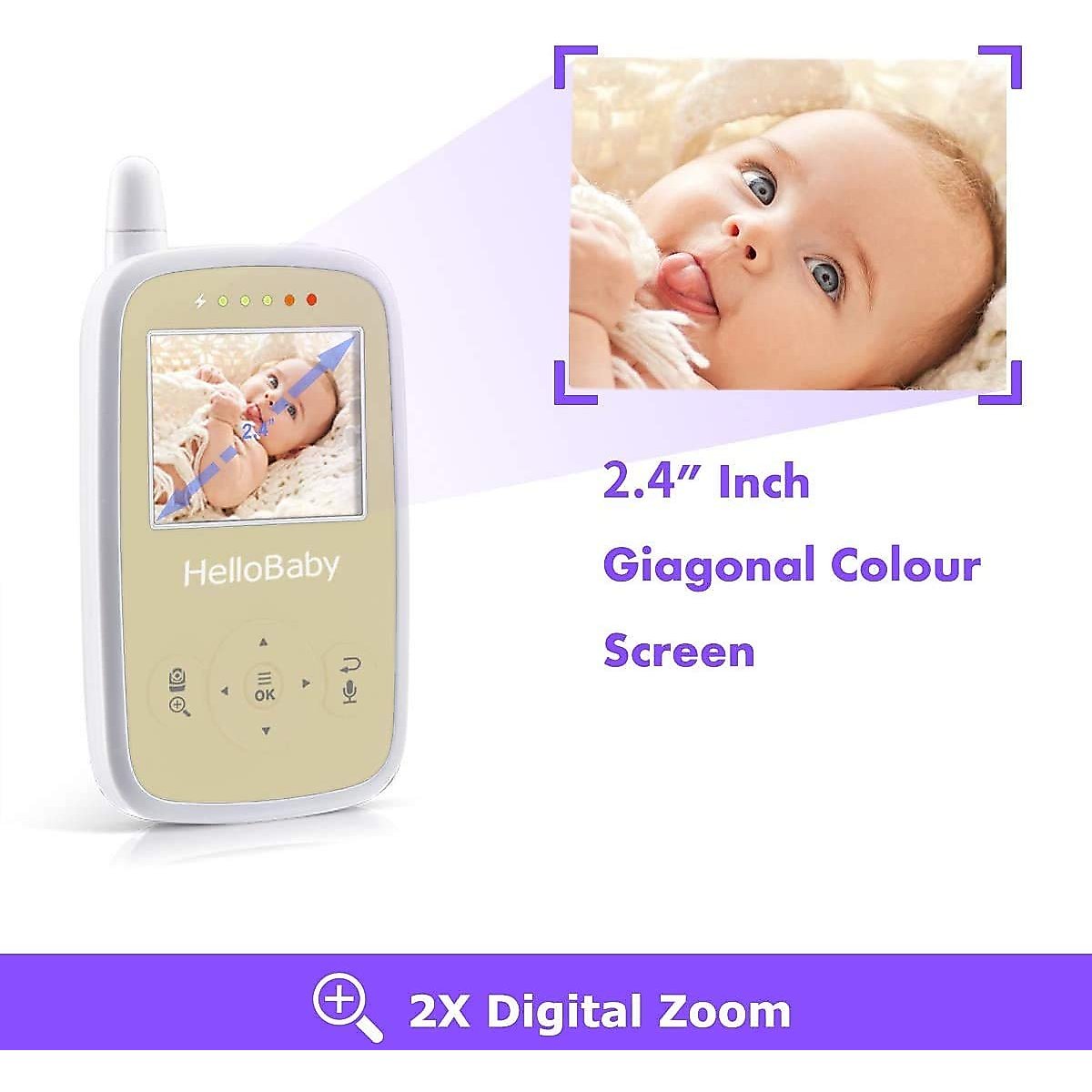 HelloBaby Video Monitor with Remote PTZ Camera, Video Baby Monitor with Audio Sensor, 2-Way Communication,Auto Night Vision,Digital Zoom,Room Temperature Monitoring