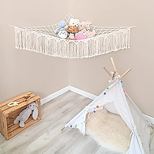Mkono 2 Style Macrame Stuffed Animal Hammock Toy Storage Organizer with Lights and Tassels Boho Stuff Animals NetLarge Capability Corner Toys Display Hammock for Nursery Playroom