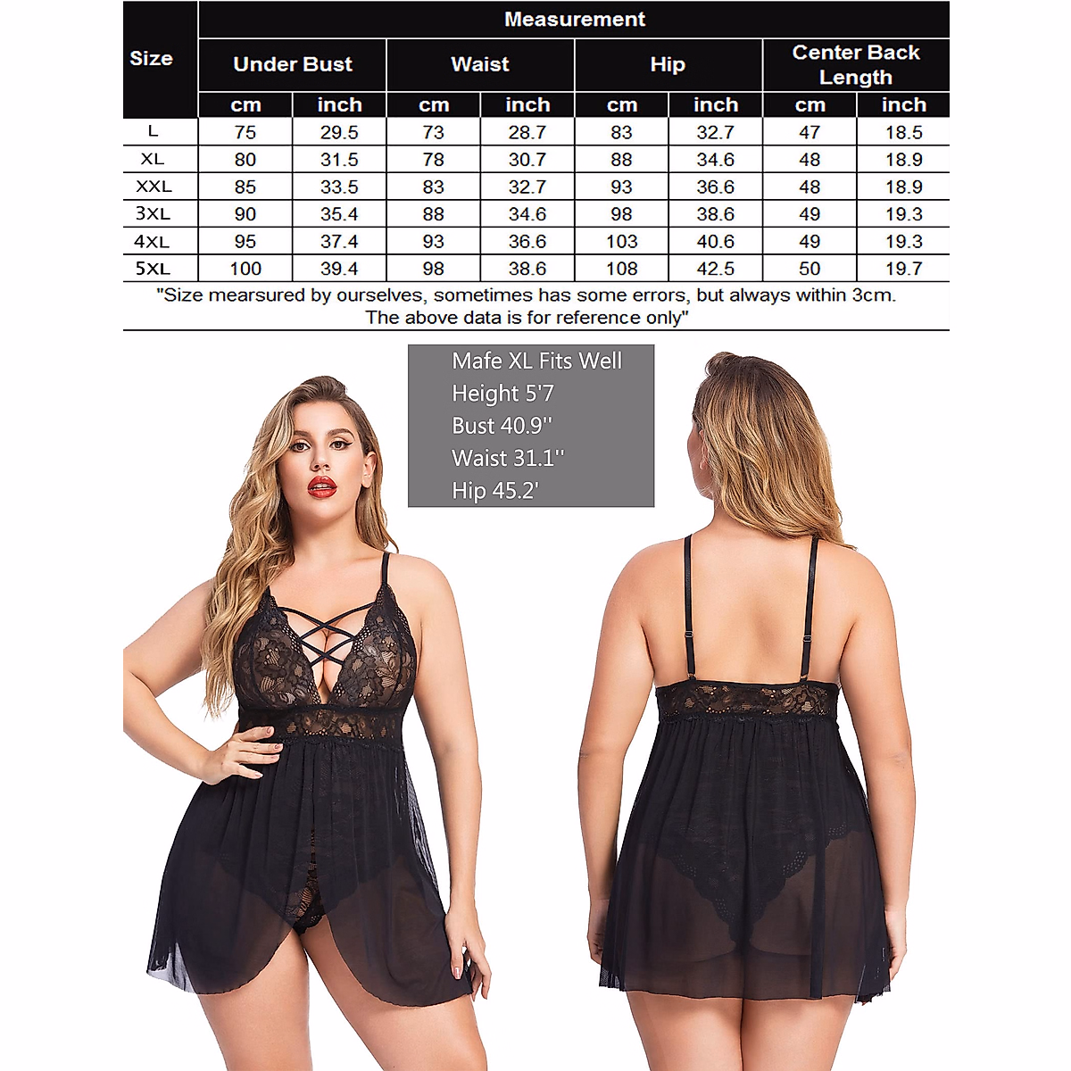 Avidlove Lingerie for Women Plus Size Lace Chemise One Piece Teddy Bodysuit Black