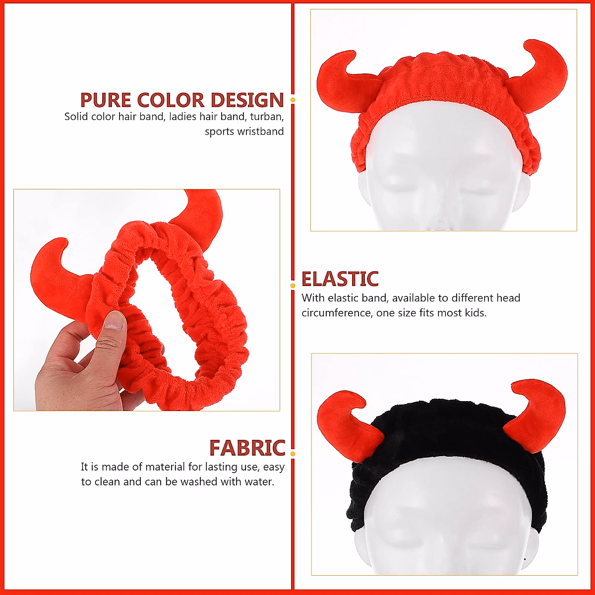 Beaupretty 2 Pack Spa Headband for Women, Devil Horns Facial Headband Face Wash Headband Makeup Cosmetic Shower Soft Hair Band (Black, Red)