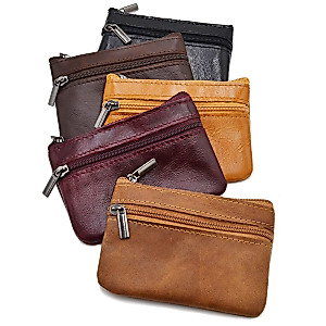 Women Genuine Leather Coin Pouch Zip Mini Purse Wallet Key Chain Double Zipper