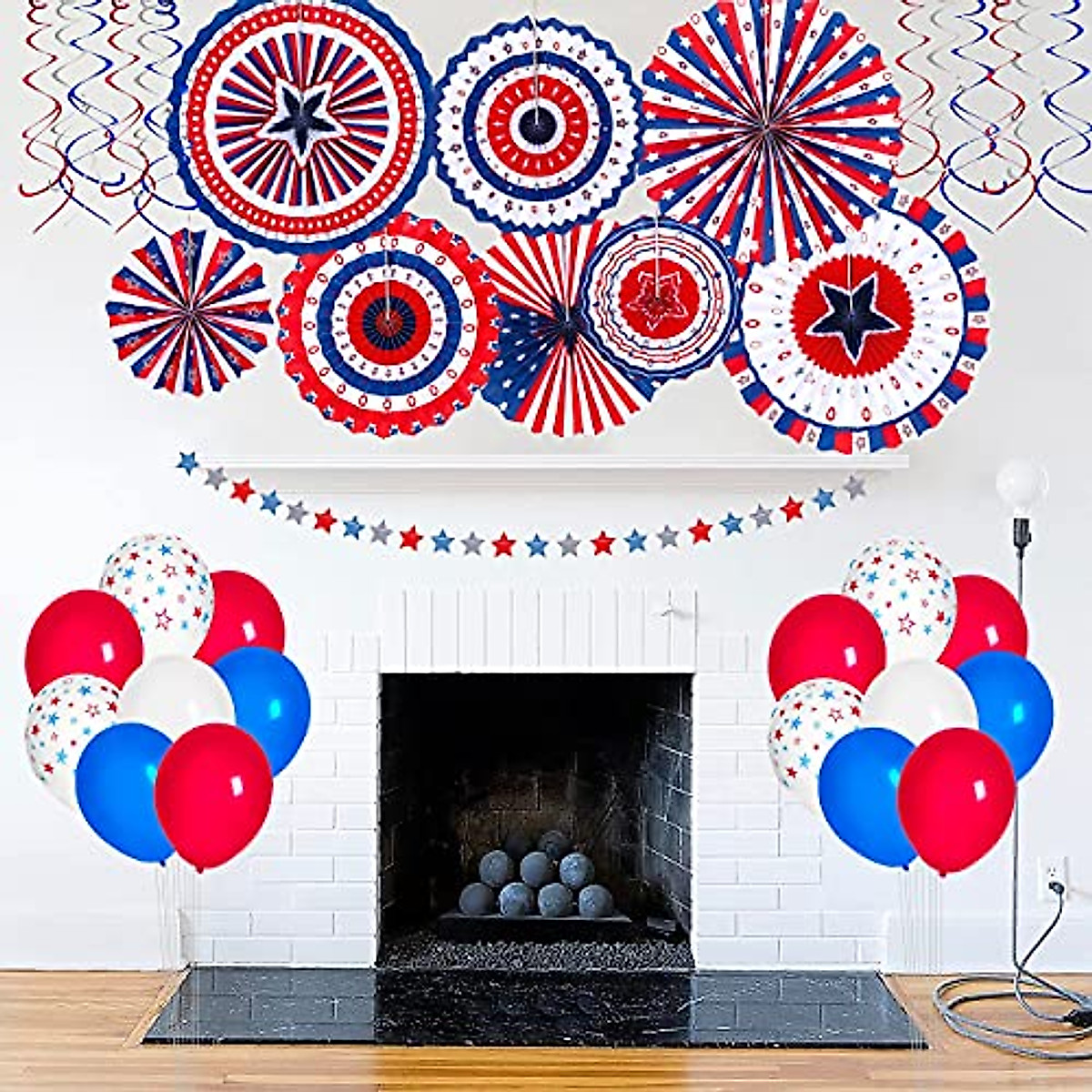 90shine 37PCS 4th/Fourth of July Decorations Set - Red White Blue Patriotic Memorial Day Paper Fans + Hanging Swirls + Star Streamer + Balloon Garland Home Outdoor Birthday Party Decor Supplies