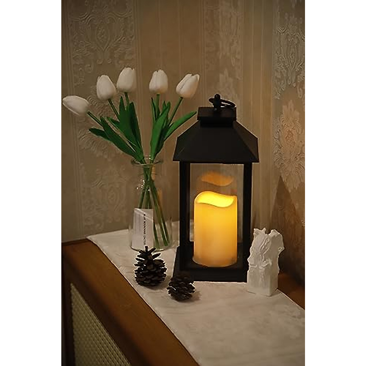 YAKii Hanging Glass Panes Lantern Portable Led Lantern Decorative Operated by 3AAA Battery Use for Garden Yard, Indoor Decoration Candle Lantern (Black)