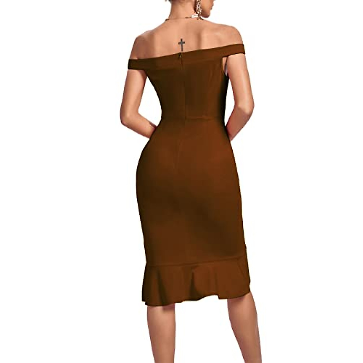 LYANER Women's Off Shoulder Ruffle Split Hem Bodycon Party Club Midi Dress Brown Medium
