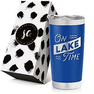 On Lake Time Stainless Steel Tumbler with Lid - Personalized Vacuum Insulated Travel Mug - Lake House and Cottage Decor - Lake Housewarming - Lake Lovers - Lake Life Gifts - Boat Owner - Cottage