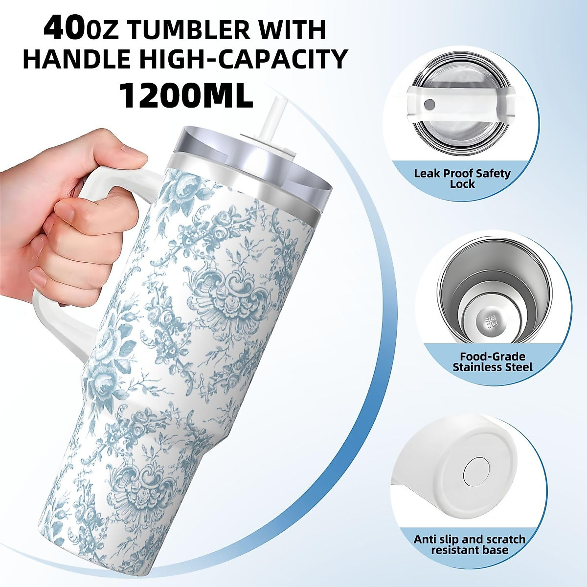 Elegant Engraved Blue And White Floral Toile 40 Oz Tumbler With Handle & Leak-Proof Lid – Car Cup Holder Friendly Hot/Cold Vacuum Insulated Stainless Steel Travel Mug Large Coffee Water Bottle For Car