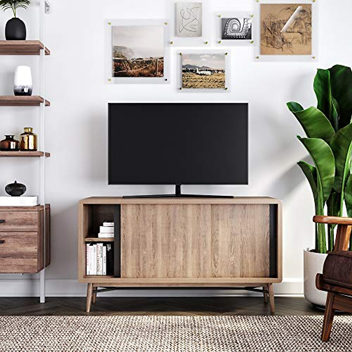 Nathan James Liam Modern Mid-Century TV Stand, Media Console or Entertainment Cabinet with Sliding Doors, Oak