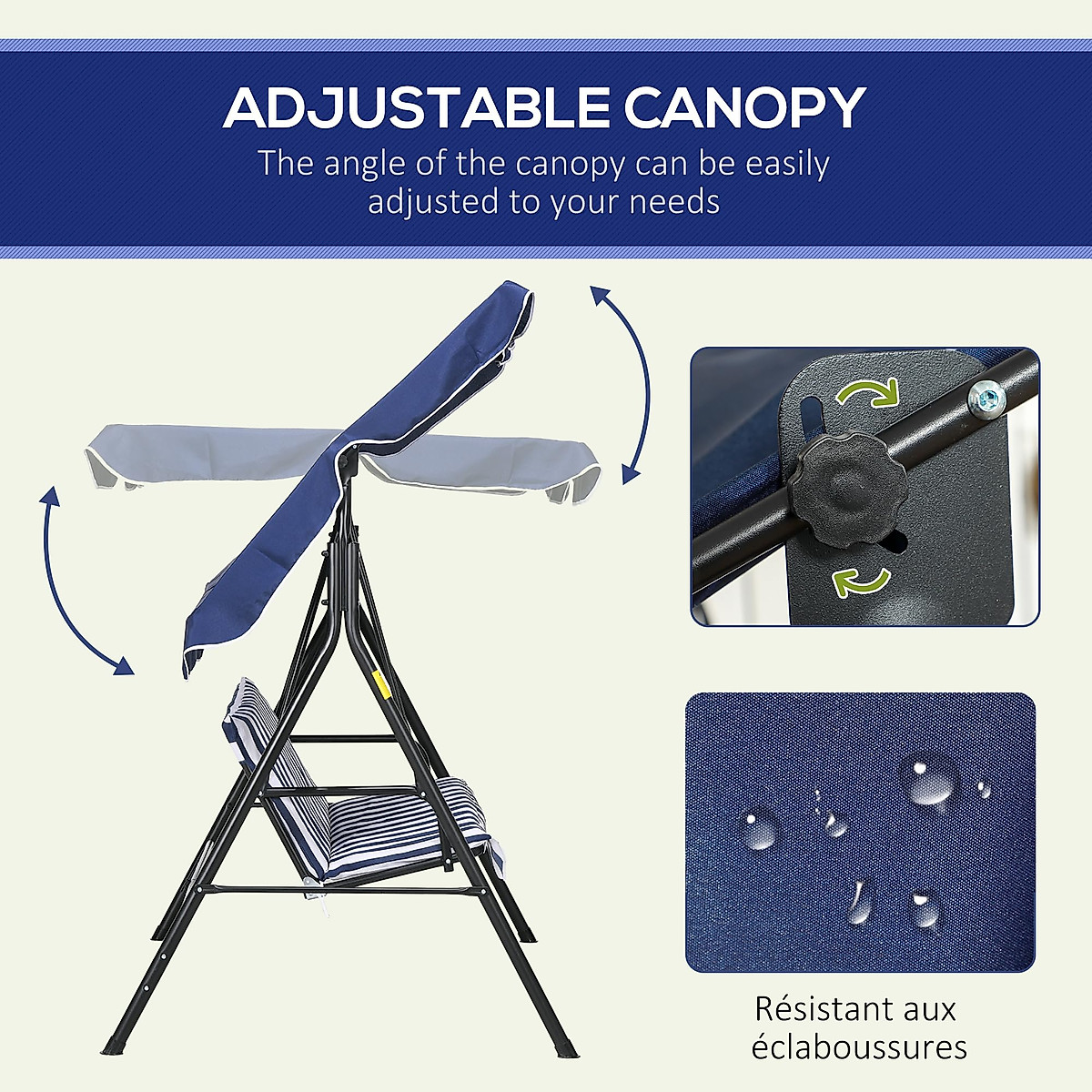 Outsunny 3-Seat Outdoor Patio Swing Chair with Removable Cushion, Steel Frame Stand and Adjustable Tilt Canopy for Patio, Garden, Poolside, Balcony, Backyard, Dark Blue