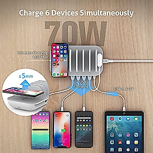 SooPii 70W Charging Station for Multiple Devices,5 Port Charging Dock with 15W Wireless Charger, 25W USB C PD/PPS Fast Charging for lPad,lPhone 13/Xs/Max/12/Samsung,5pcs Mixed Charging Cables Included