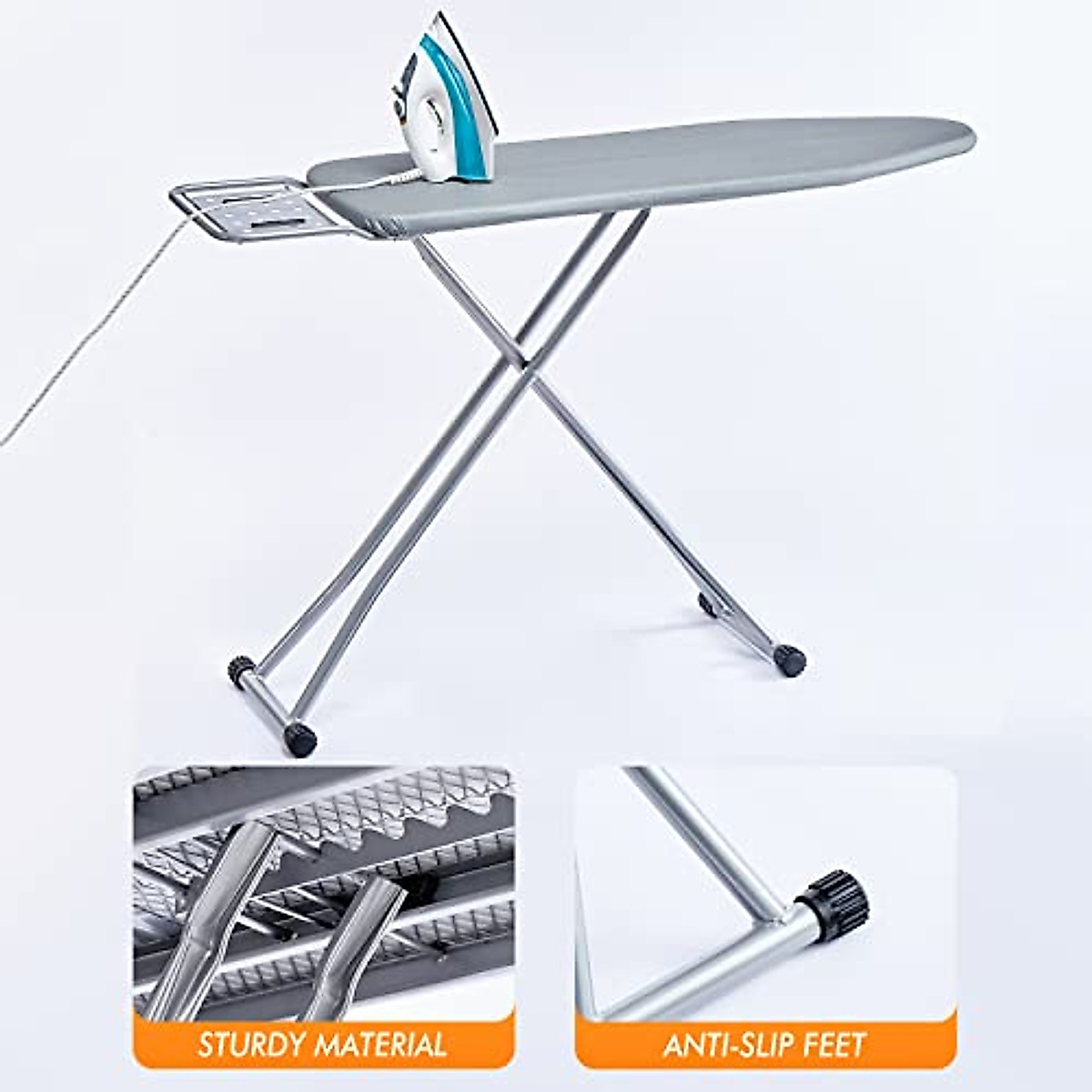 BKTD Ironing Board, Heat Resistant Cover Iron Board with Steam Iron Rest, Non-Slip Foldable Ironing Stand. Heavy Sturdy Metal Frame Legs Iron Stand(13 * 34 * 53 Inches) Silver Gray Color