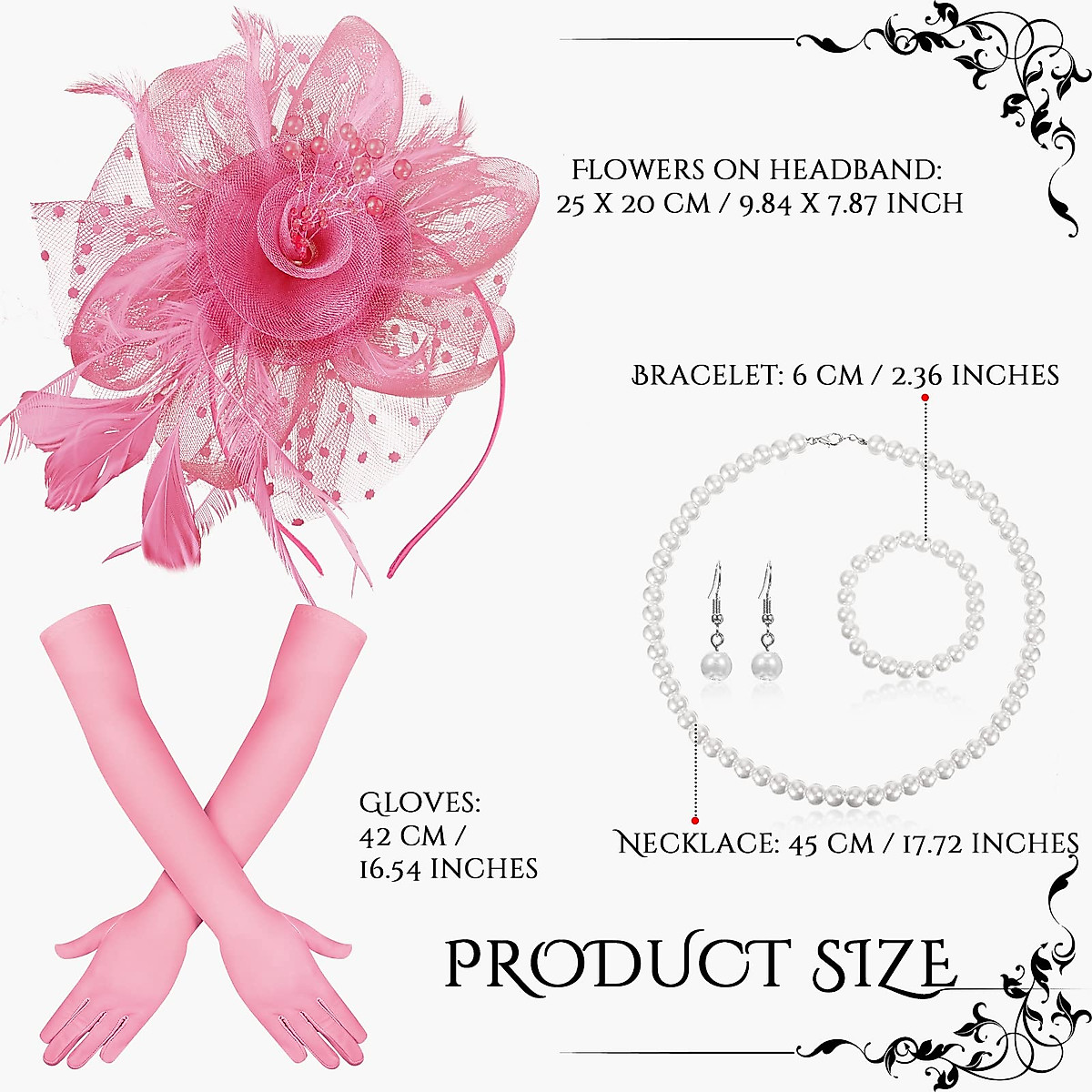 Yaomiao 5 Pcs 1920s Fascinators Feather Headband Pearl Jewelry Gloves for Women Tea Party Halloween Church Derby(Pink)