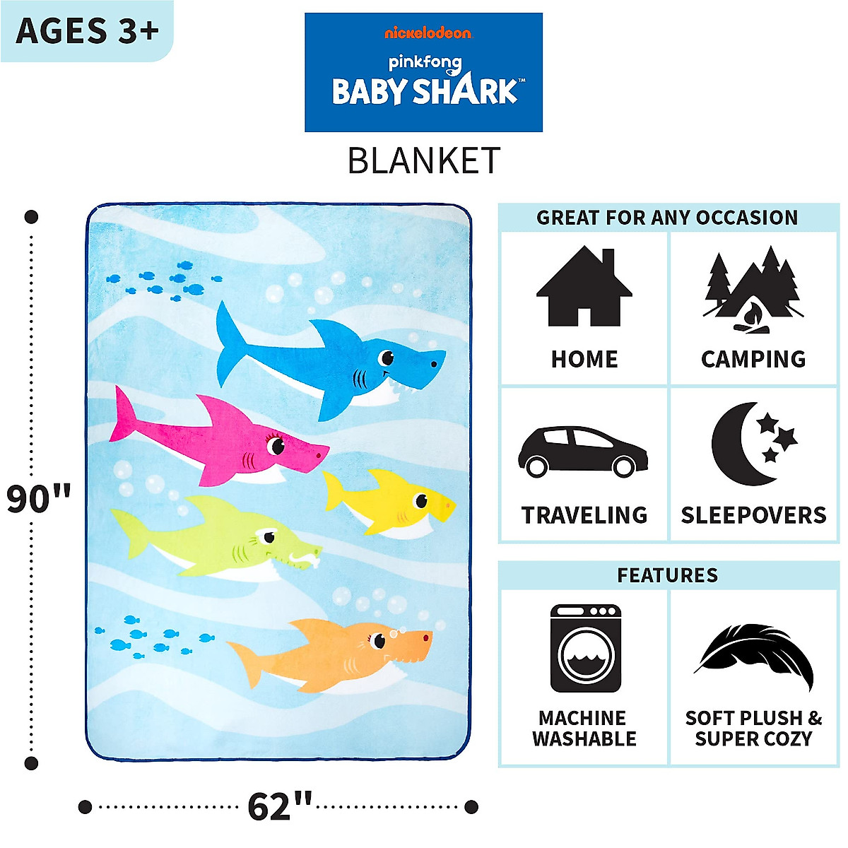 Franco Kids Bedding Super Soft Micro Raschel Blanket, 62 in x 90 in, Baby Shark