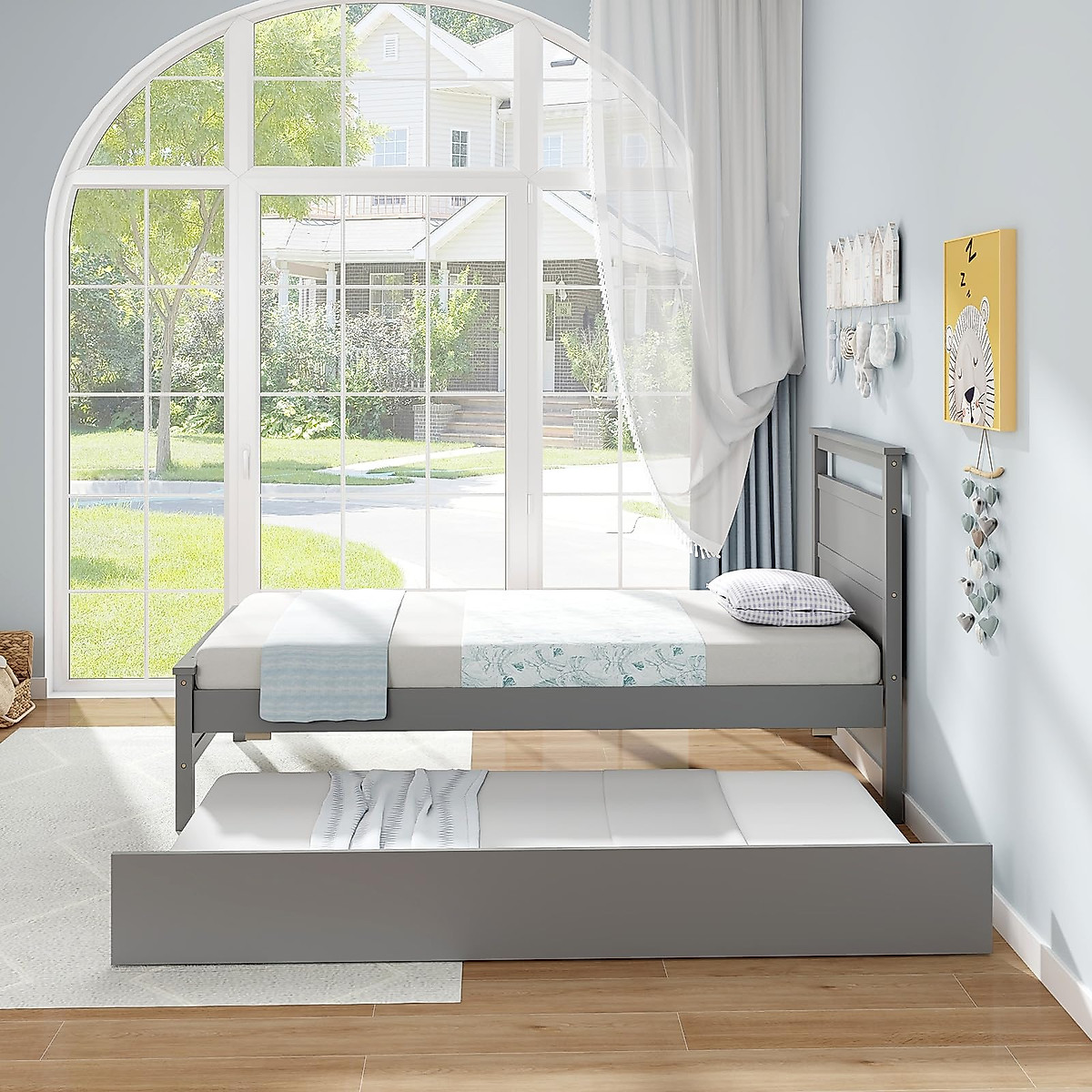 Giantex Trundle Bed Twin, Wood Day Bed Frame with Headboard & Footboard, Wooden Slats Support, Twin Size Pull Out Bed, Twin Bed with Trundle for Kids Teens Adults, Grey