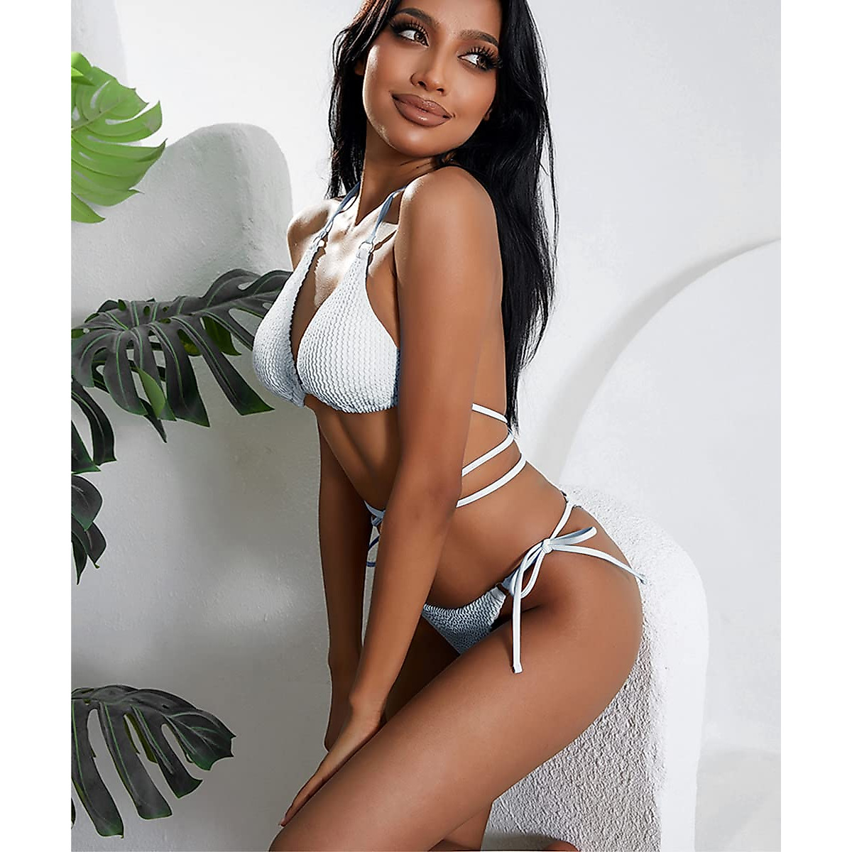 YIMISAN Sexy Two Piece Swimsuit fo Women Sexy Swimwear Halter String Triangle Thong Bikini Sets White