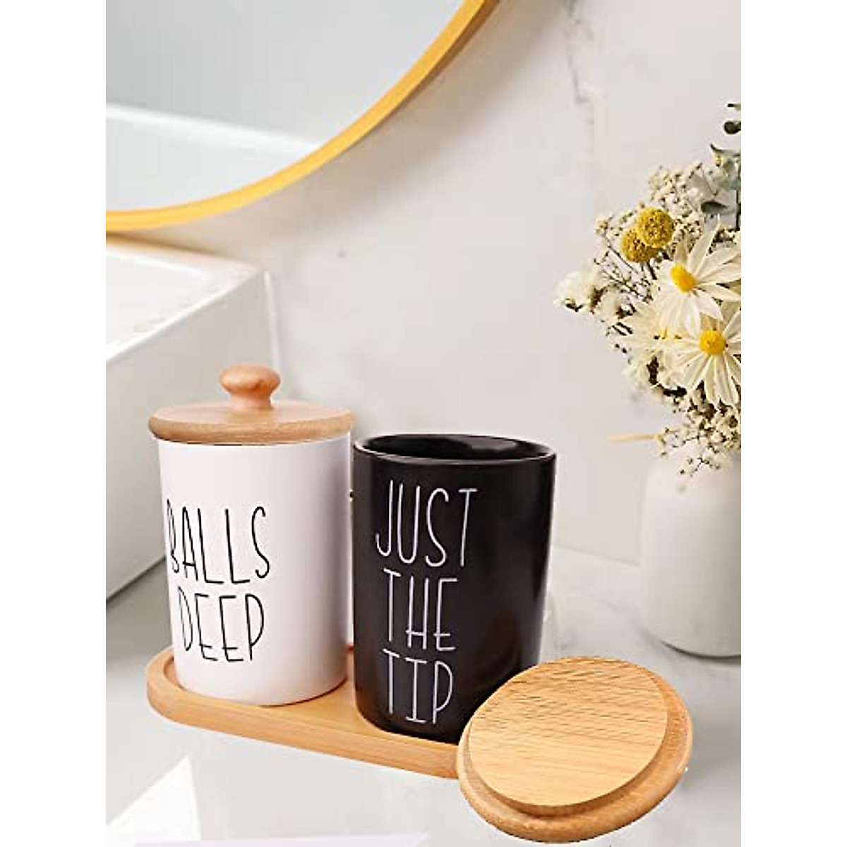 Apothecary Jars with Lids for Bathroom Organization, Qtip Holder and Cotton Ball Holder are Great for Farmhouse Bathroom Decor, Rustic Bathroom Decor (BLACK AND WHITE)