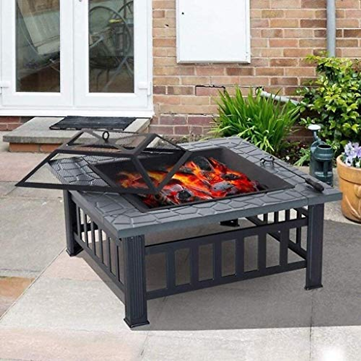 LEAYAN Garden Fire Pit Portable Grill Barbecue Rack Propane Fire Pit, Outdoor Metal Brazier Square Table Multi-Purpose Square Fireplace Garden Patio Heater for Party for Camping Backyard