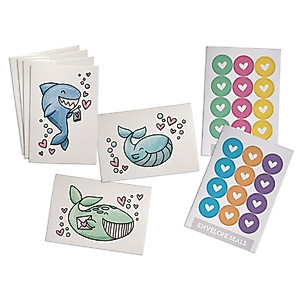Sugartown Greetings Under the Sea Note Cards - 24 Sea Life Themed Note Cards with Envelopes and Colorful Heart Seal Stickers - For Birthday Thank You, Valentines Day - Featuring Sharks & Whales