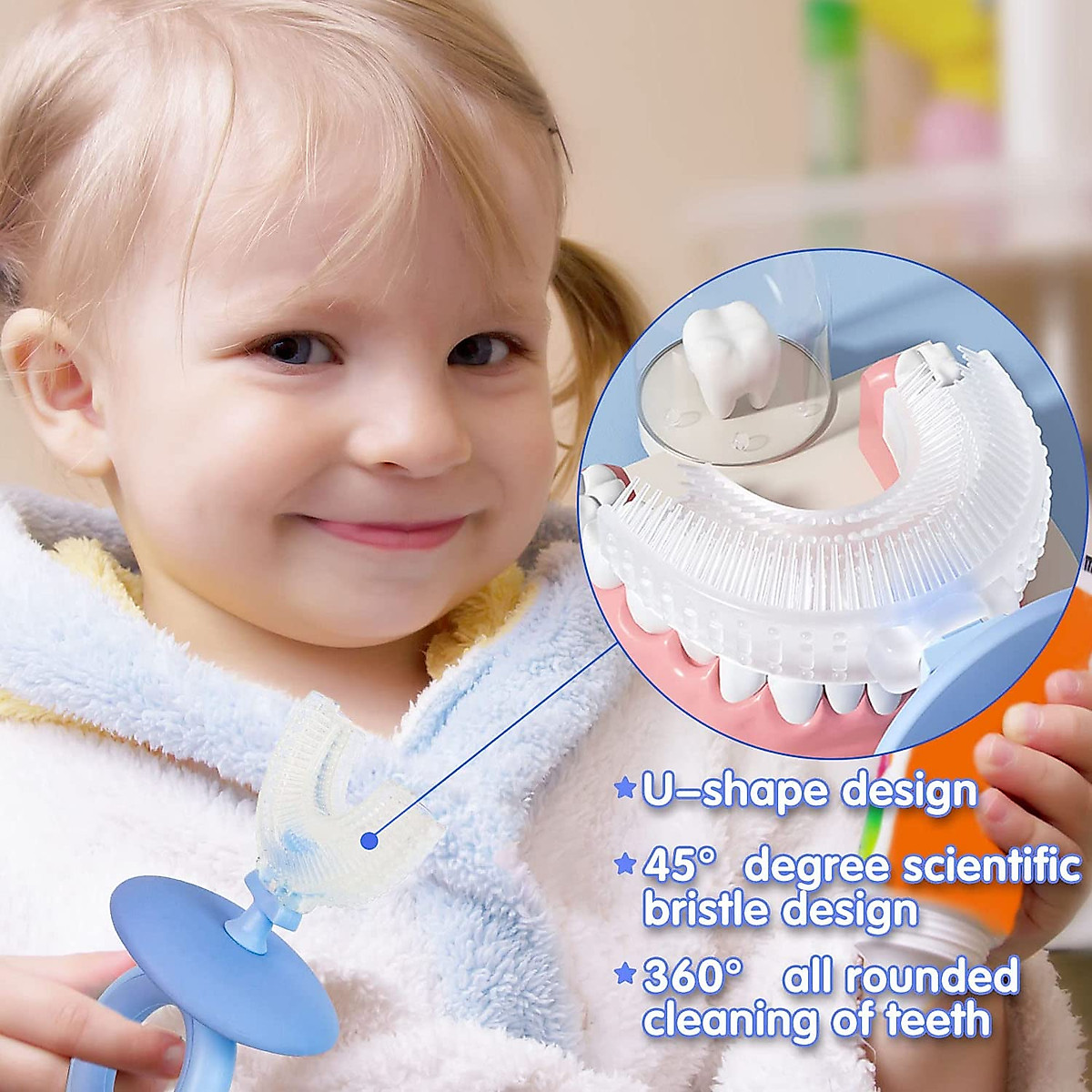 COLOROUND 2 Pack Kids U Shaped Toothbrush for Toddlers Age 2-6, Silicone Baby Toothbrush with Storage Cup, Baby Manual Training Toothbrush 360° Oral Teeth Care for Children