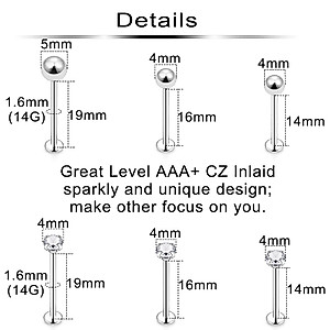 Ftovosyo 12Pcs 14G Cheek Piercing Jewelry Stainless Steel Dimple Rings Labret Long Tongue Barbell Body Piercing Jewelry for Women Men Bar Length 14mm-19mm Silver-Tone